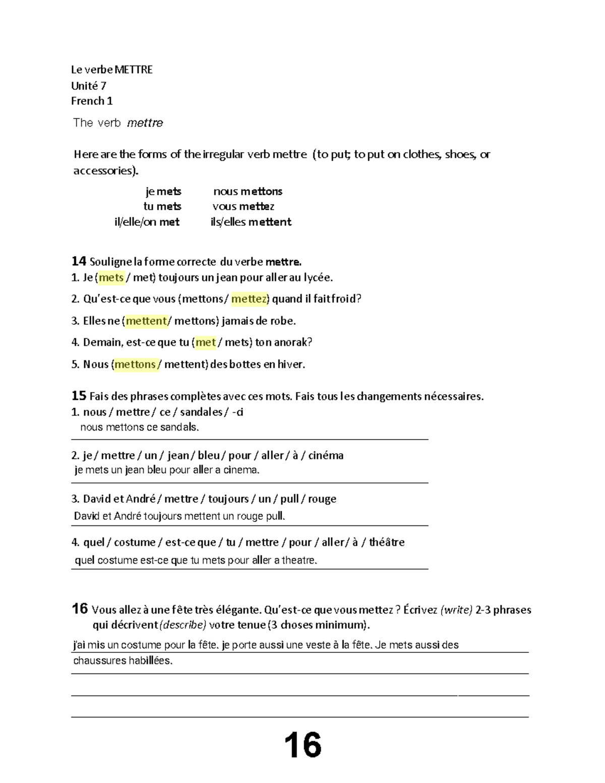 Test - test for French study - Le verbe METTRE Unité 7 French 1 The ver ...