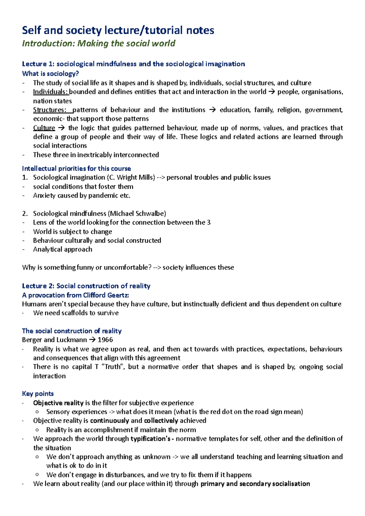 Self and society notes - Self and society lecture/tutorial notes ...