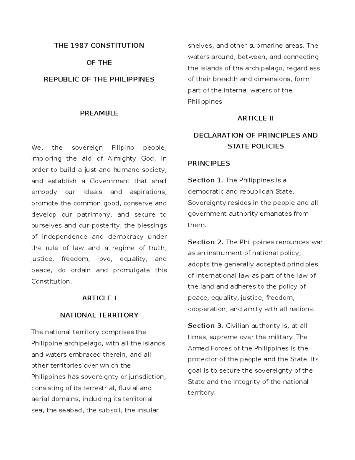 THE 1987 Constitution article 1-2 - THE 1987 CONSTITUTION OF THE ...