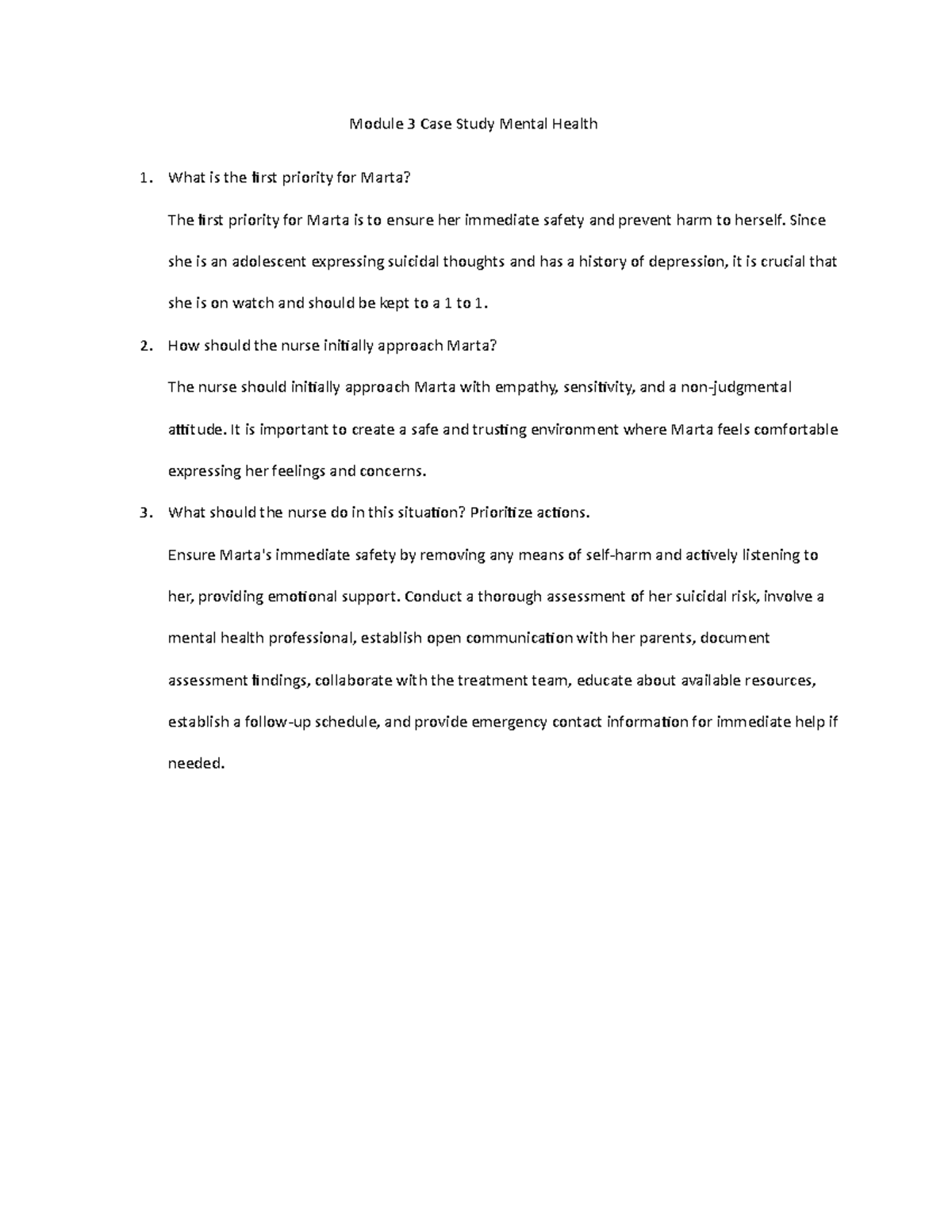 Module 3 Case Study Mental Health - Module 3 Case Study Mental Health What is the first priority ...