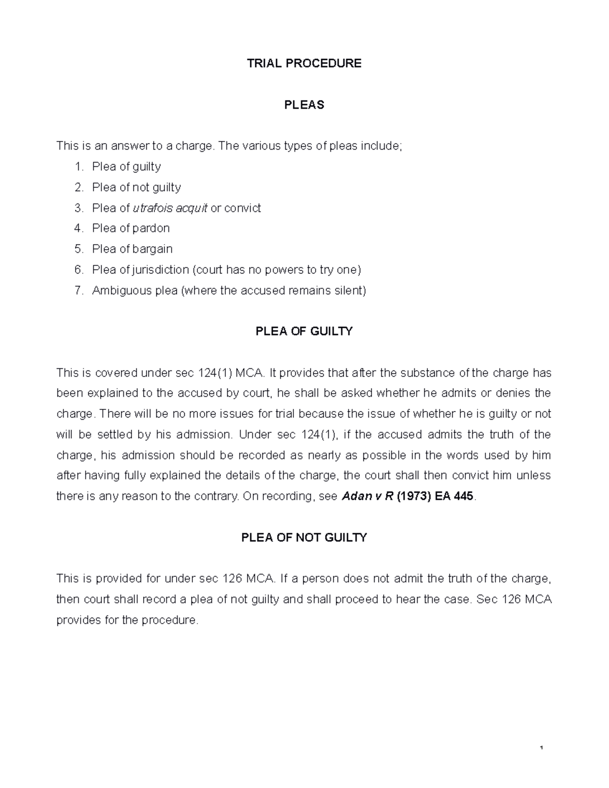 8. Eight Trial Procedure - TRIAL PROCEDURE PLEAS This is an answer to a ...