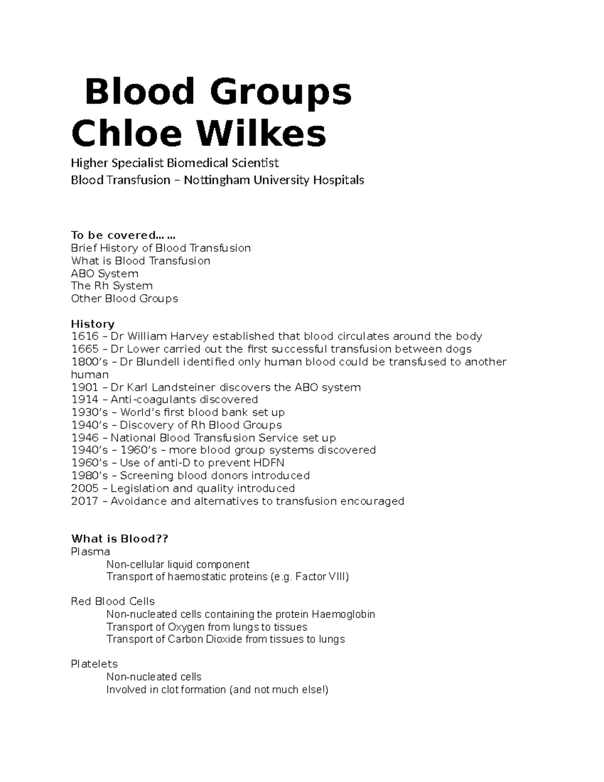 Week 10 - Blood Groups & Pre-Transfusion Testing - Blood Groups Chloe ...