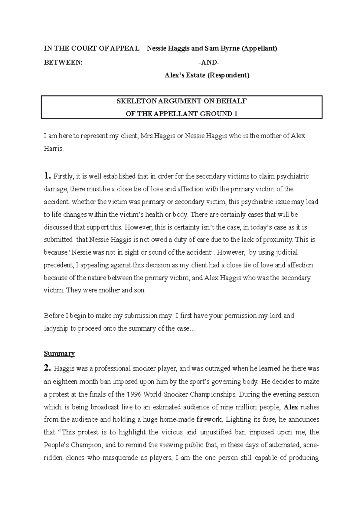 MOOT Presentation - IN THE COURT OF APPEAL Nessie Haggis and Sam Byrne (Appellant) BETWEEN: -AND ...