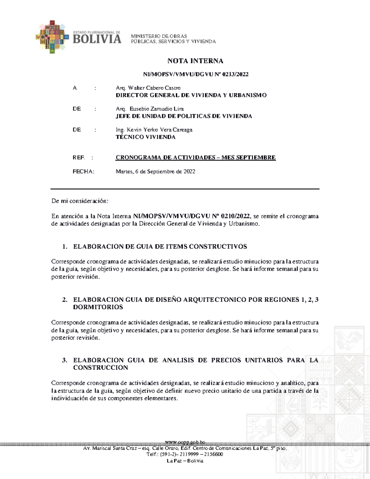 NOTA Interna ARQ Zamudio 01 - MINISTERIO DE OBRAS PÚBLICAS, SERVICIOS Y ...