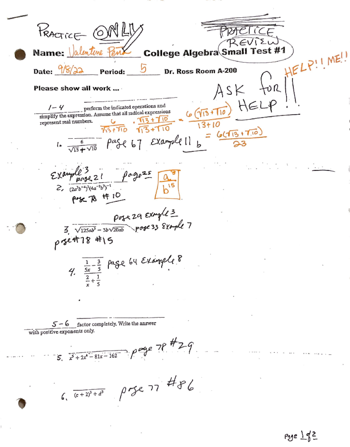 Review small test 1 - Working with radical expressions - MATH 1310 ...