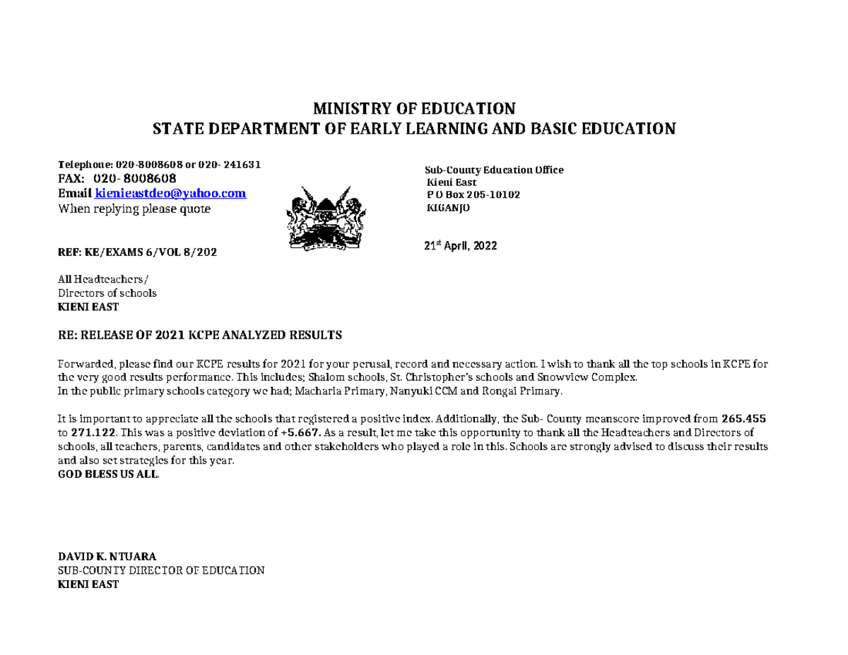 Realease OF 2021 KCPE Analyzed Results Letter - MINISTRY OF EDUCATION ...