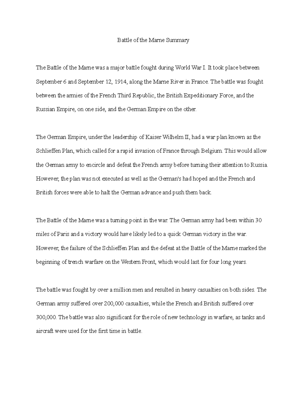 Battle of Marne Summary - Battle of the Marne Summary The Battle of the ...