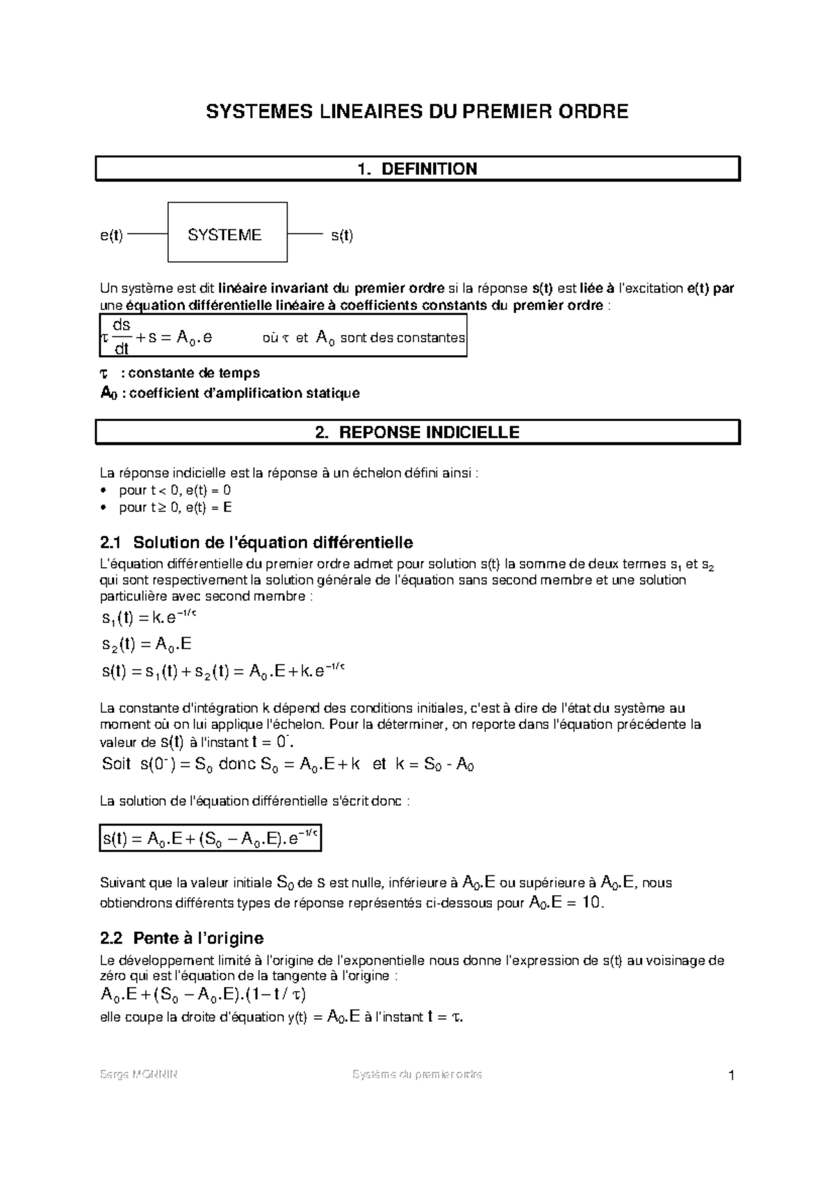 Systeme du premier ordre - SYSTEMES LINEAIRES DU PREMIER ORDRE e(t ...