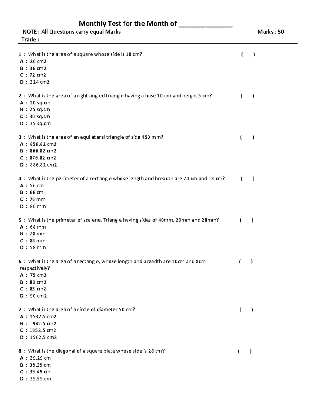 1ST YEAR 7TH Monthly TEST - Monthly Test for the Month of ...