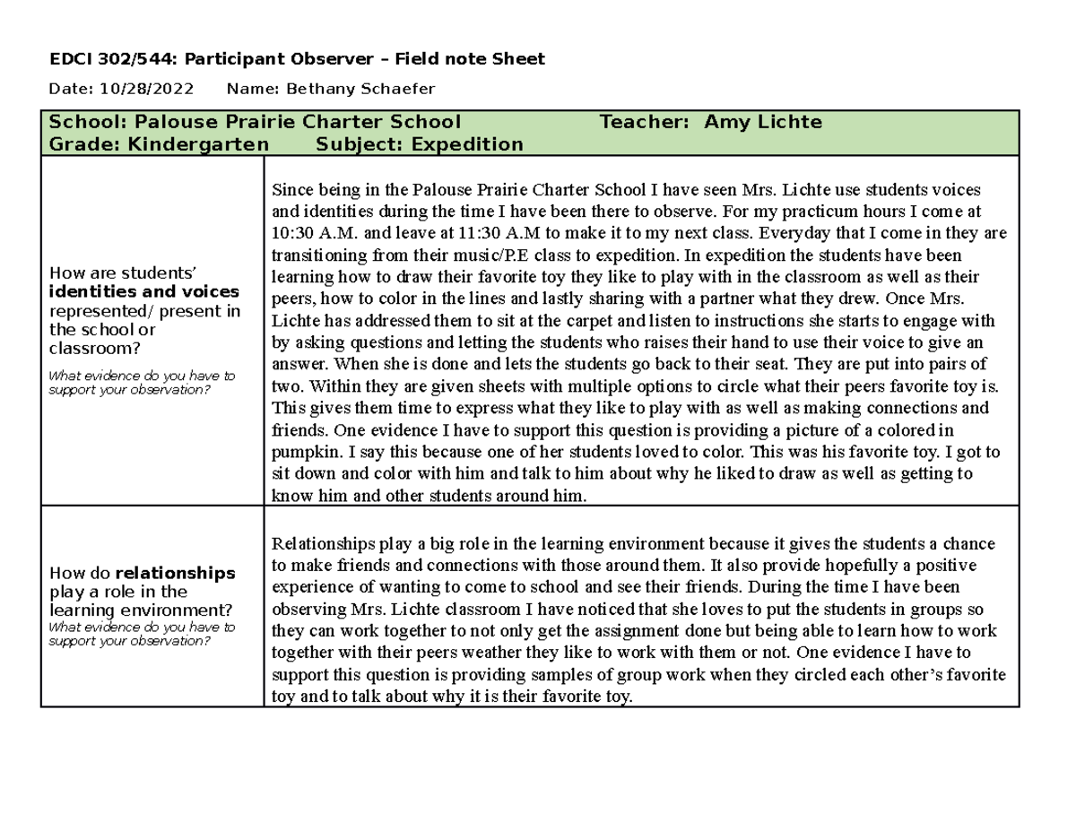 EDCI 302 Practicum Observation #1 - EDCI 302/544: Participant Observer ...