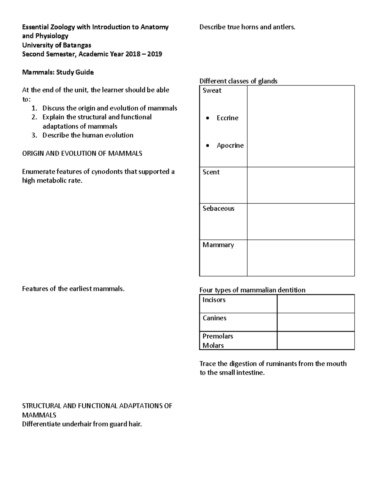 Mammals-Study-Guide - ZOOLOGY - Essential Zoology with Introduction to ...
