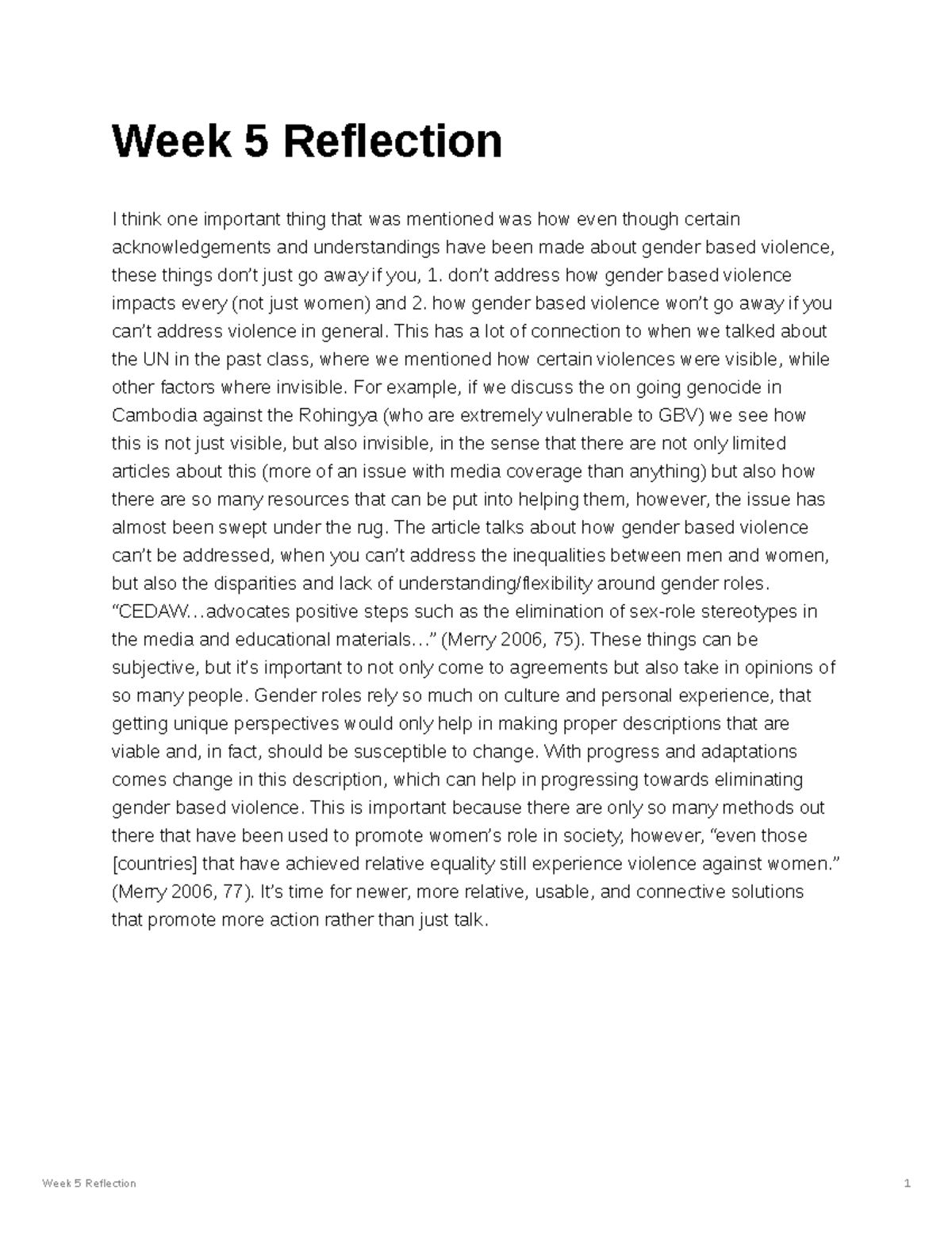 Viorig 5 - A reflection for readings - Week 5 Reflection 1 Week 5 ...