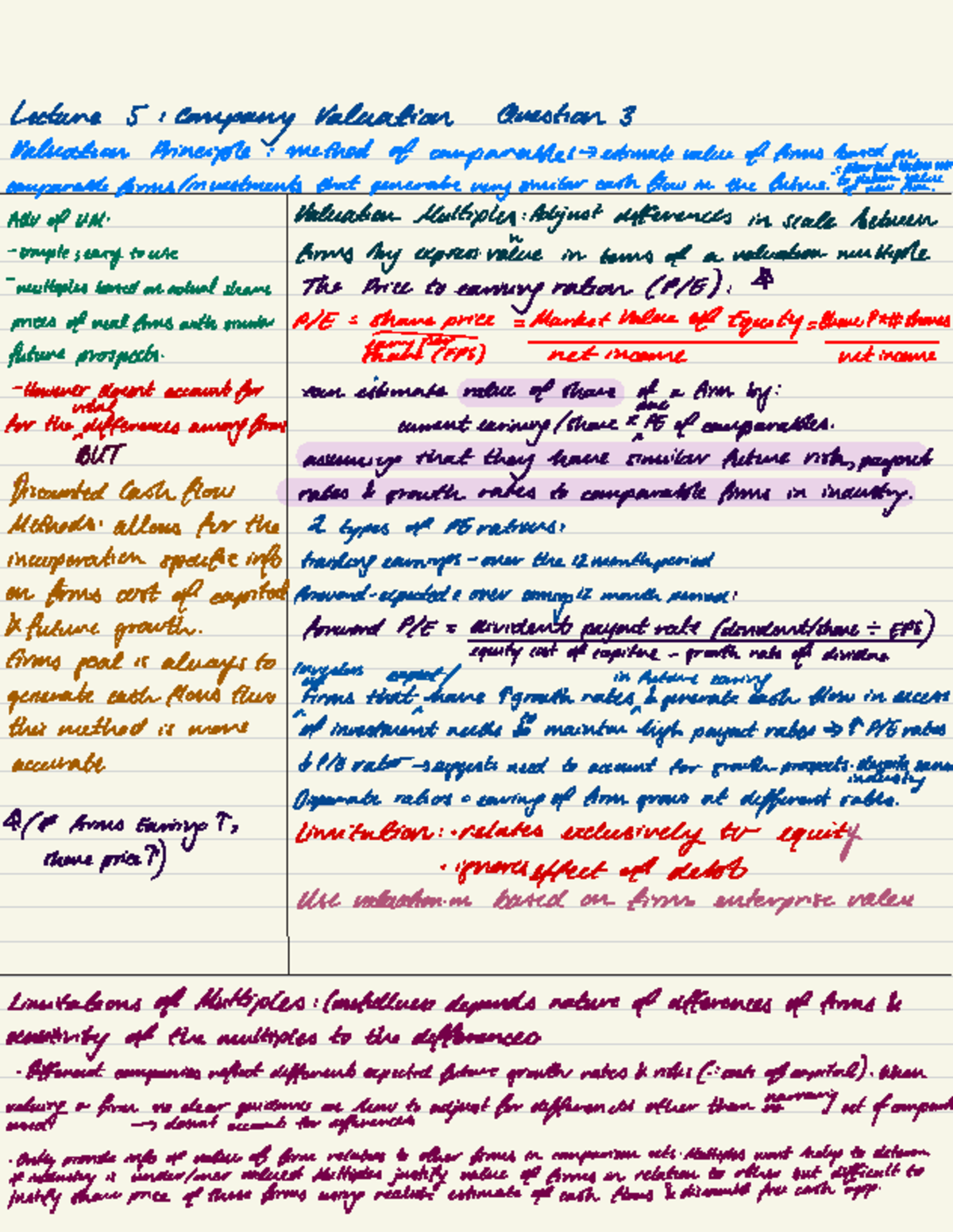 NOTES ON LECTURES 5,7,8 - Lecture 5 : Company Valuation Question 3 ...