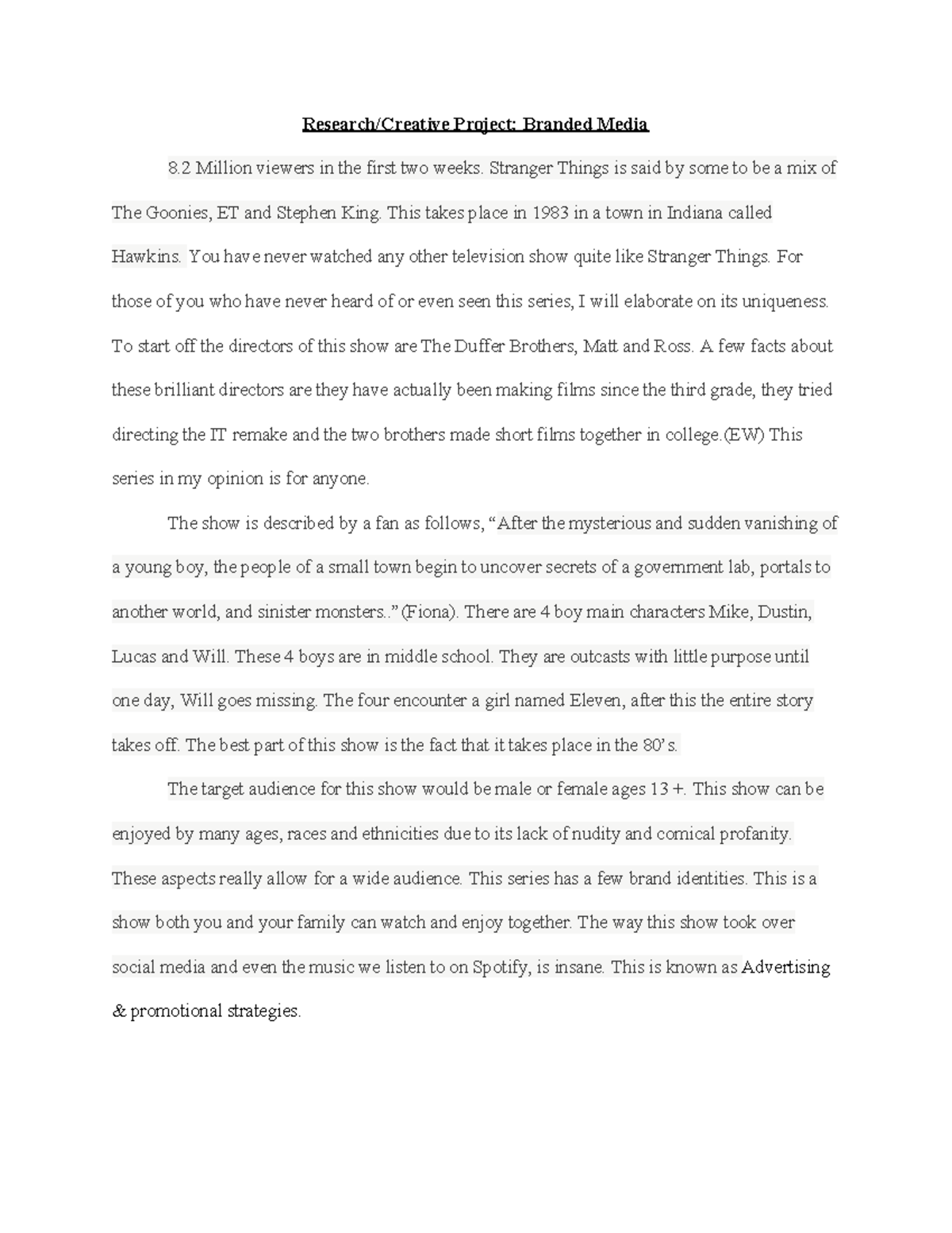 Stranger Things - Grade: B+ - Research/Creative Project: Branded Media ...