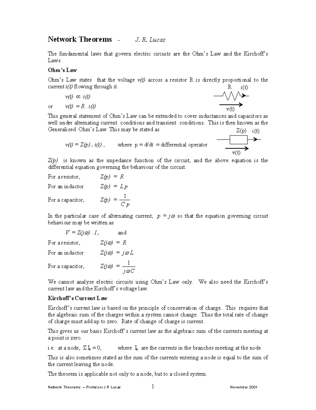 EE201 network theorems - Network Theorems - J. R. Lucas The fundamental laws that govern ...
