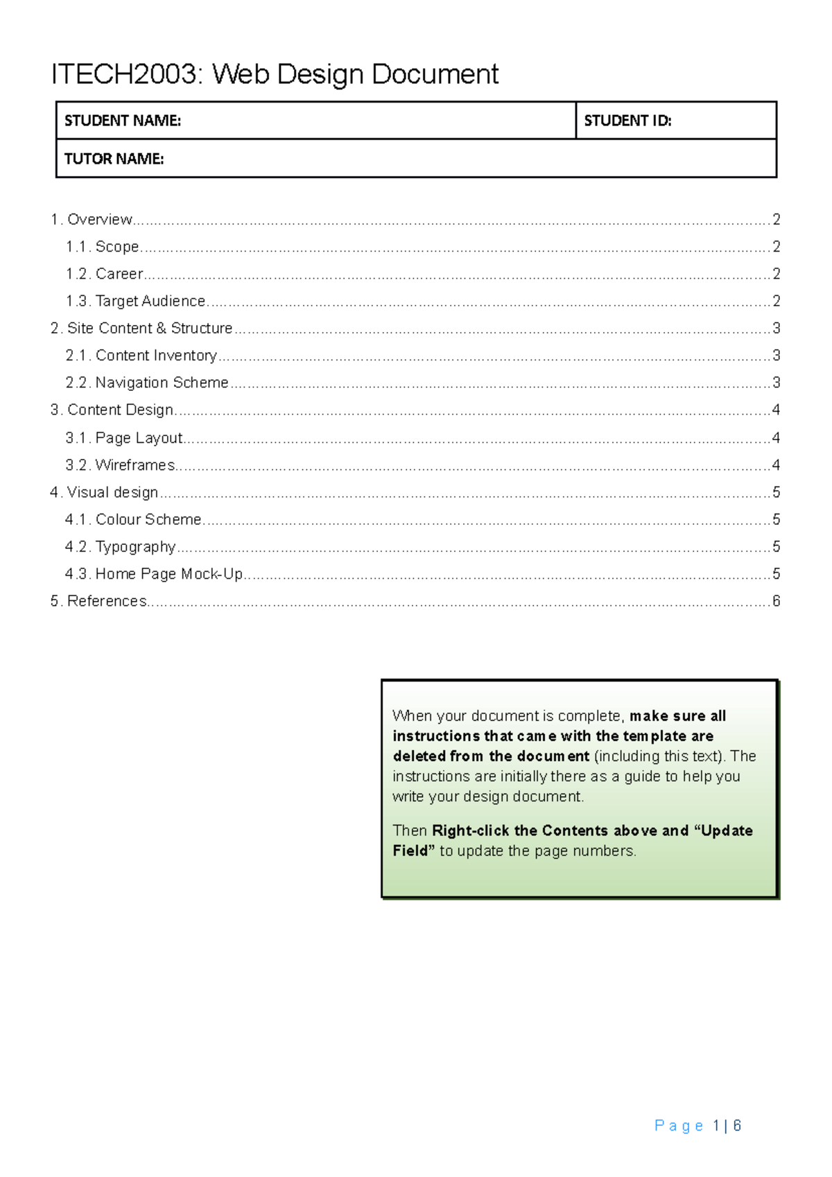 Itech 2003 Design Document Template - ITECH2003: Web Design Document STUDENT NAME: STUDENT ID ...