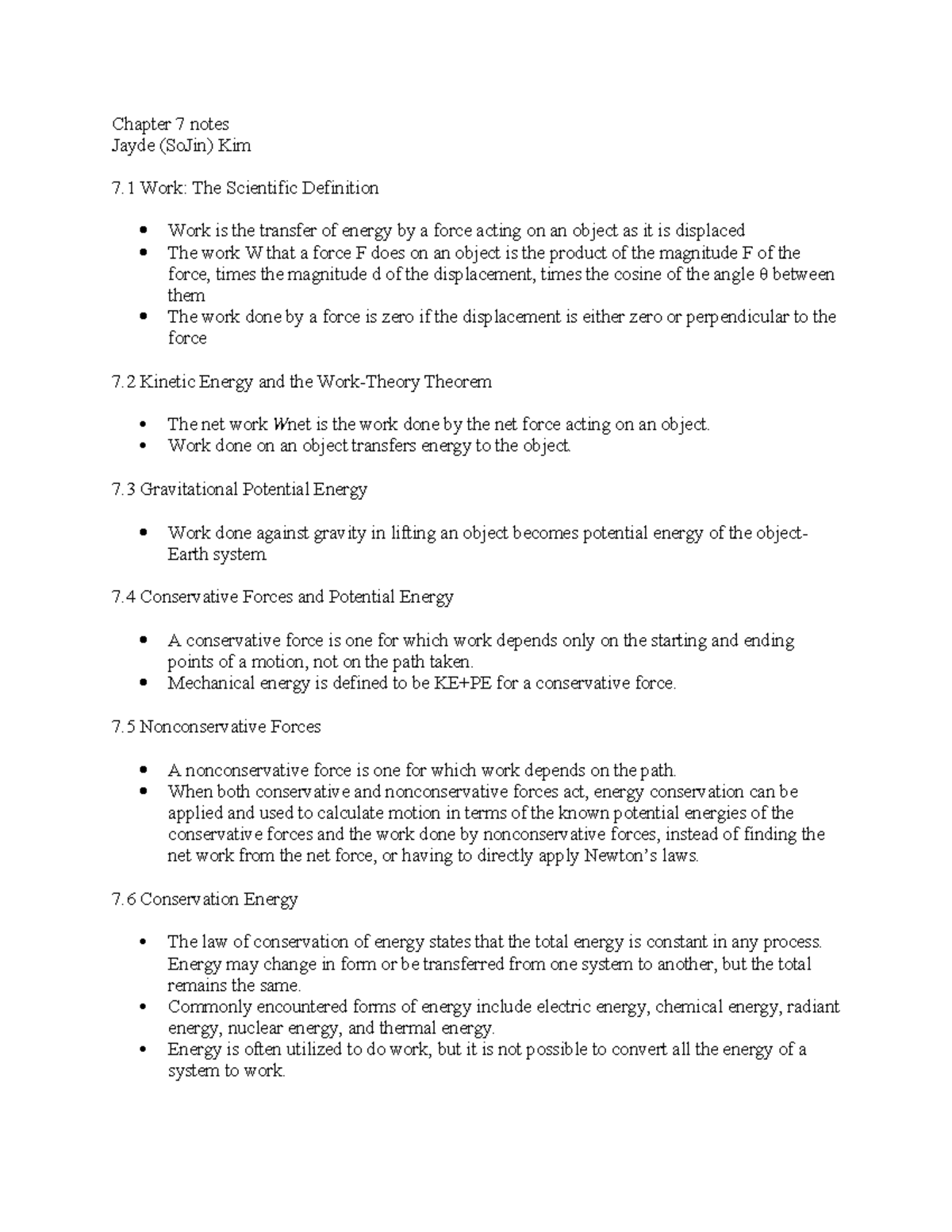 Chapter 7 notes - physics - Chapter 7 notes Jayde (SoJin) Kim 7 Work ...