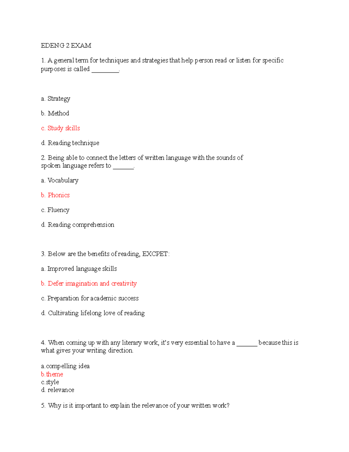 Edeng 2 EXAM 3 - BUILDING LITERACY IN ELEMENTARY GRADES EXAM - EDENG 2 ...