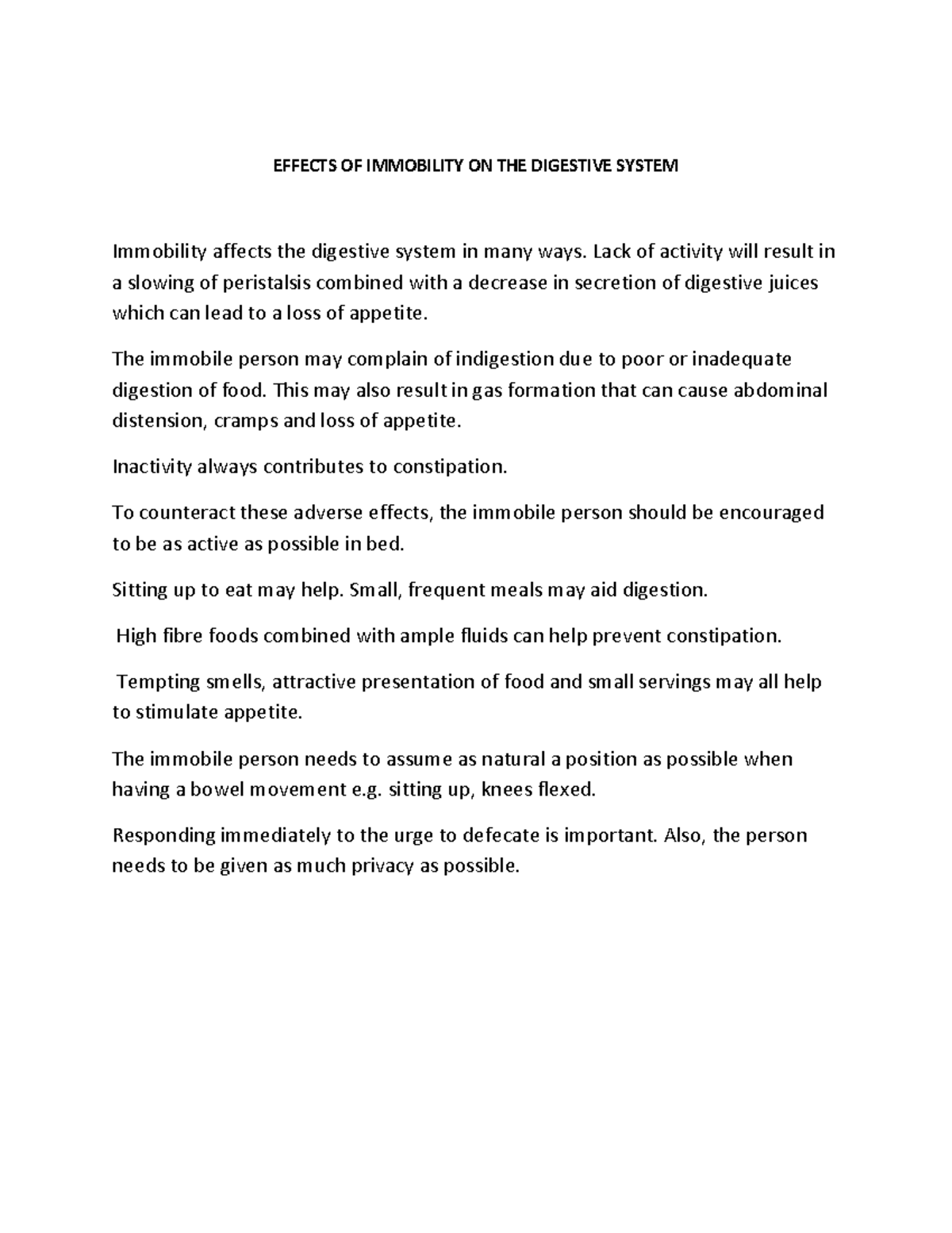 Unit 12 Effects of Immobility on the Digestive System - EFFECTS OF ...