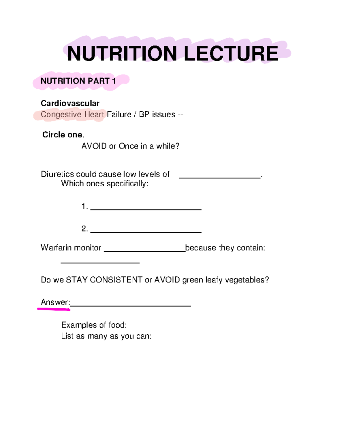 Nutrition Worksheet - GNM - Congestive Heart Failure / BP issues ...