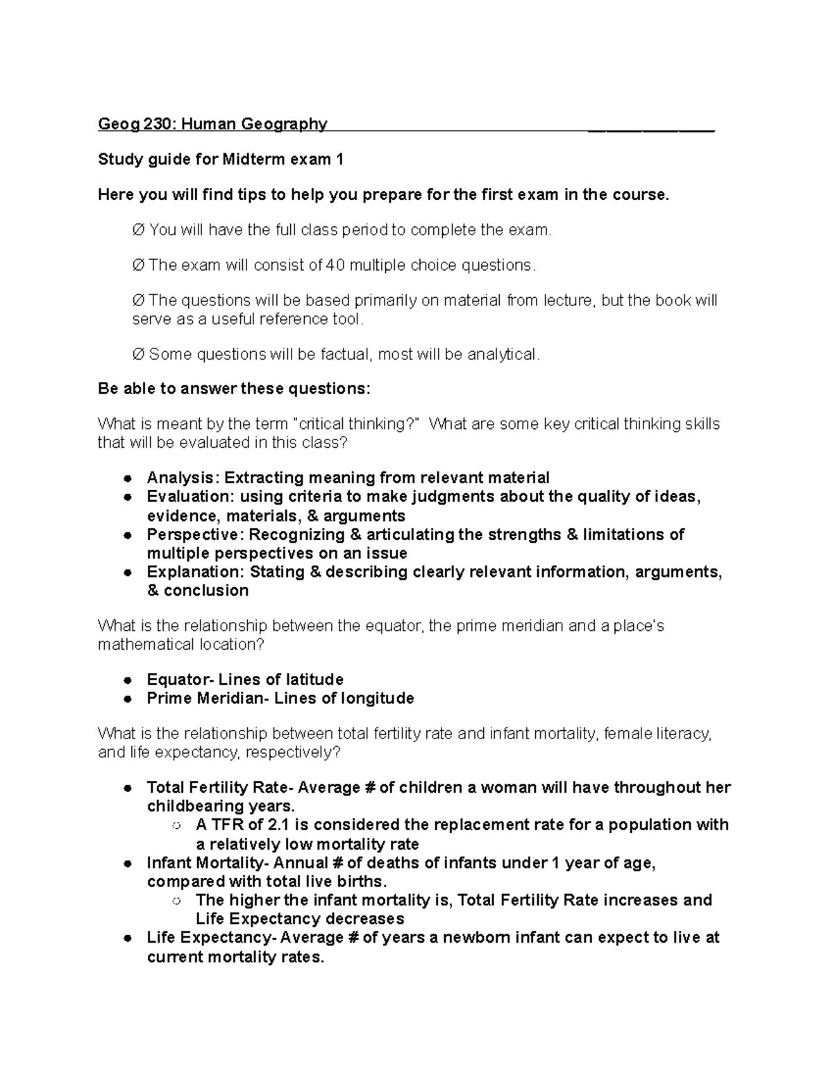 Geog - This is a completed study guide for the first midterm in Human ...