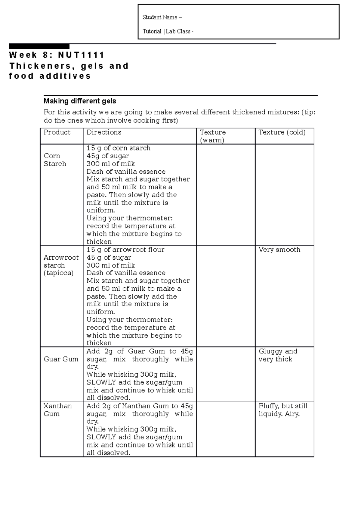 Week 8 - Week 8 tutorial worksheet - Week 8: NUT Thickeners, gels and ...