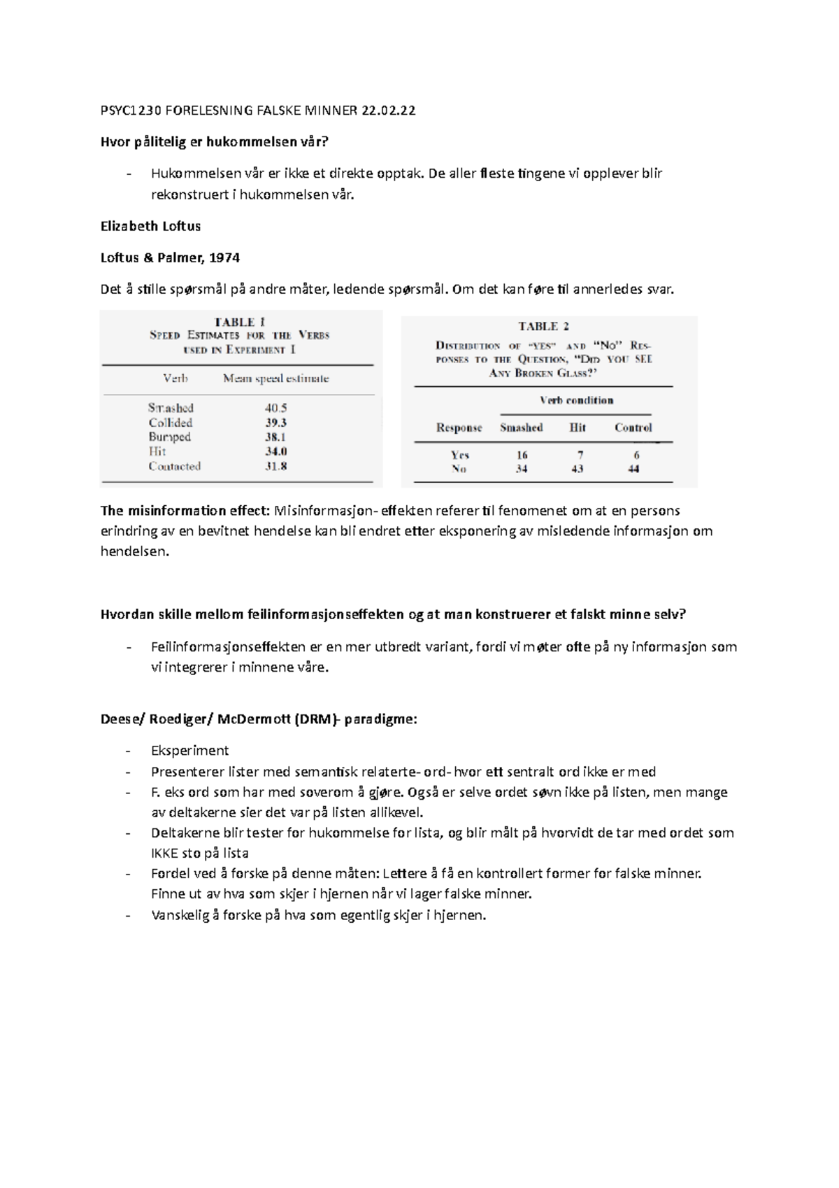 PSYC1230 Forelesning 22.02.22 Falske minner - PSYC1230 FORELESNING FALSKE MINNER 22. Hvor ...