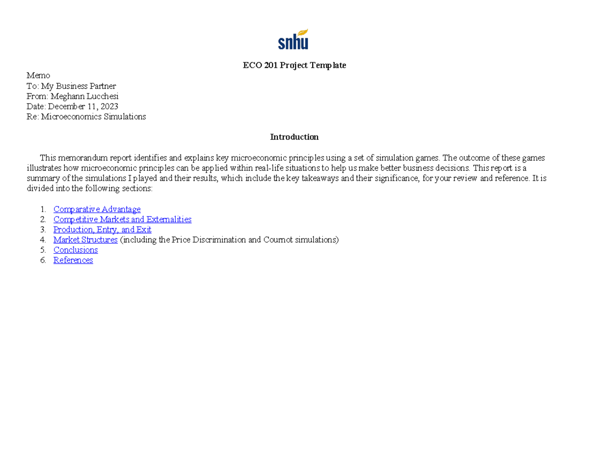 ECO 201 Project Template - ECO 201 Project Template Memo To: My ...