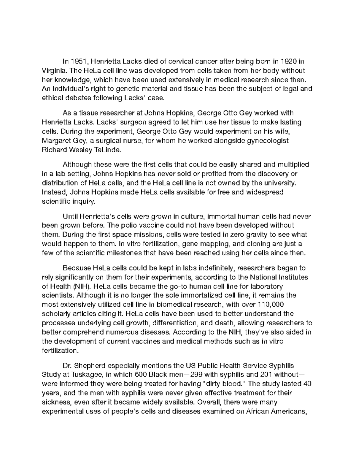 Research Case Study - In 1951, Henrietta Lacks died of cervical cancer ...