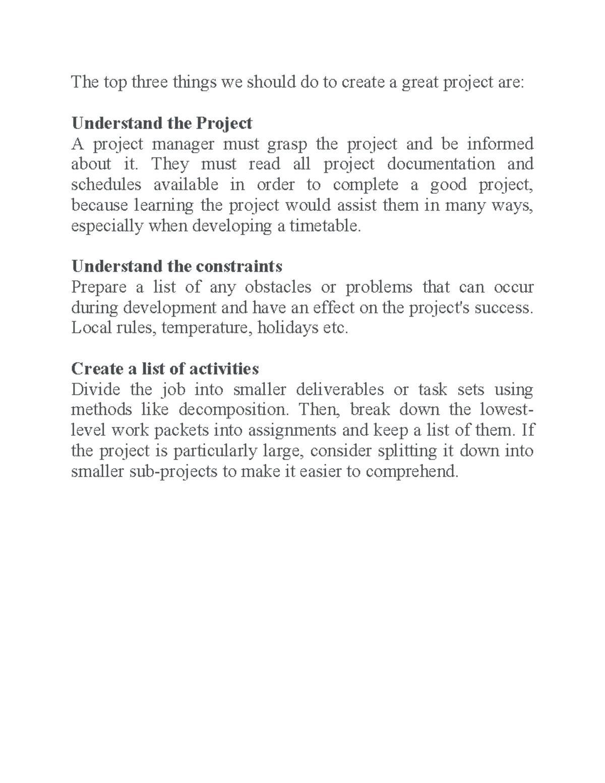 10 things for a project assignment - The top three things we should do ...