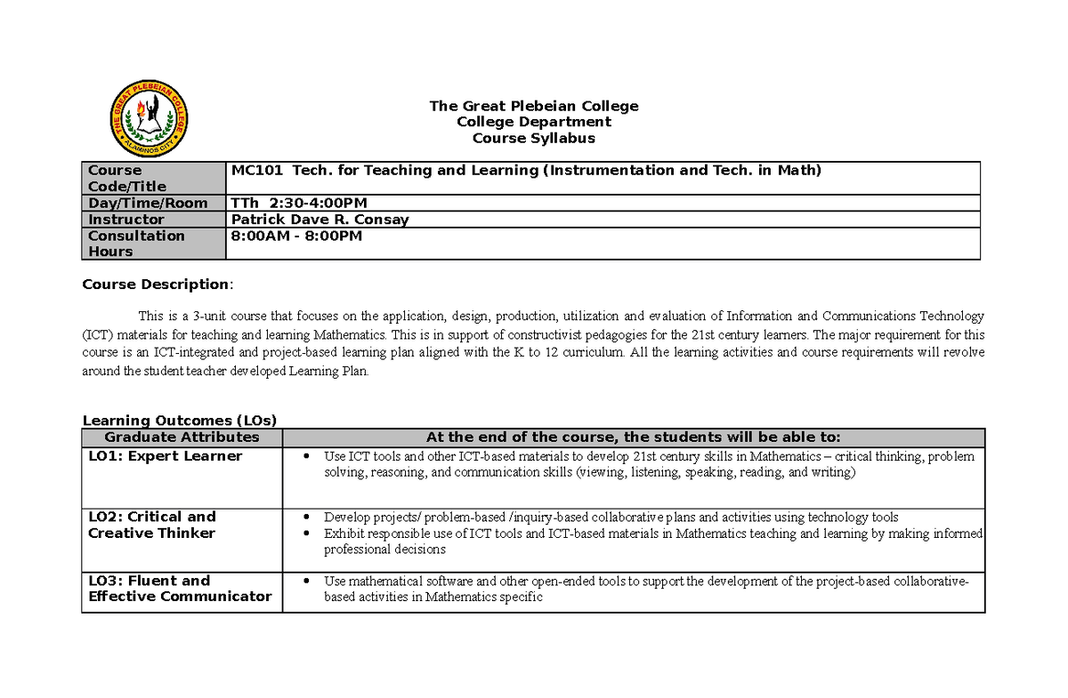 MC 101Tech. for Teaching and Learning (Instrumentation and Tech in Math ...