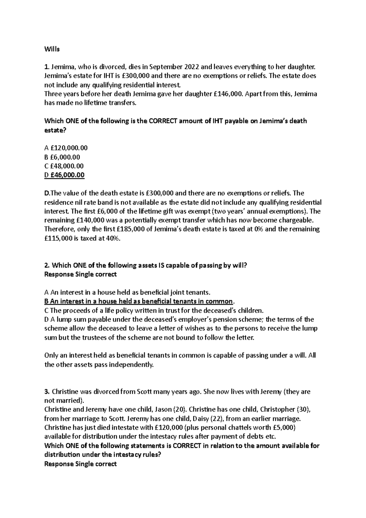 Wills - MCQ'S - Wills Jemima, who is divorced, dies in September 2022 ...