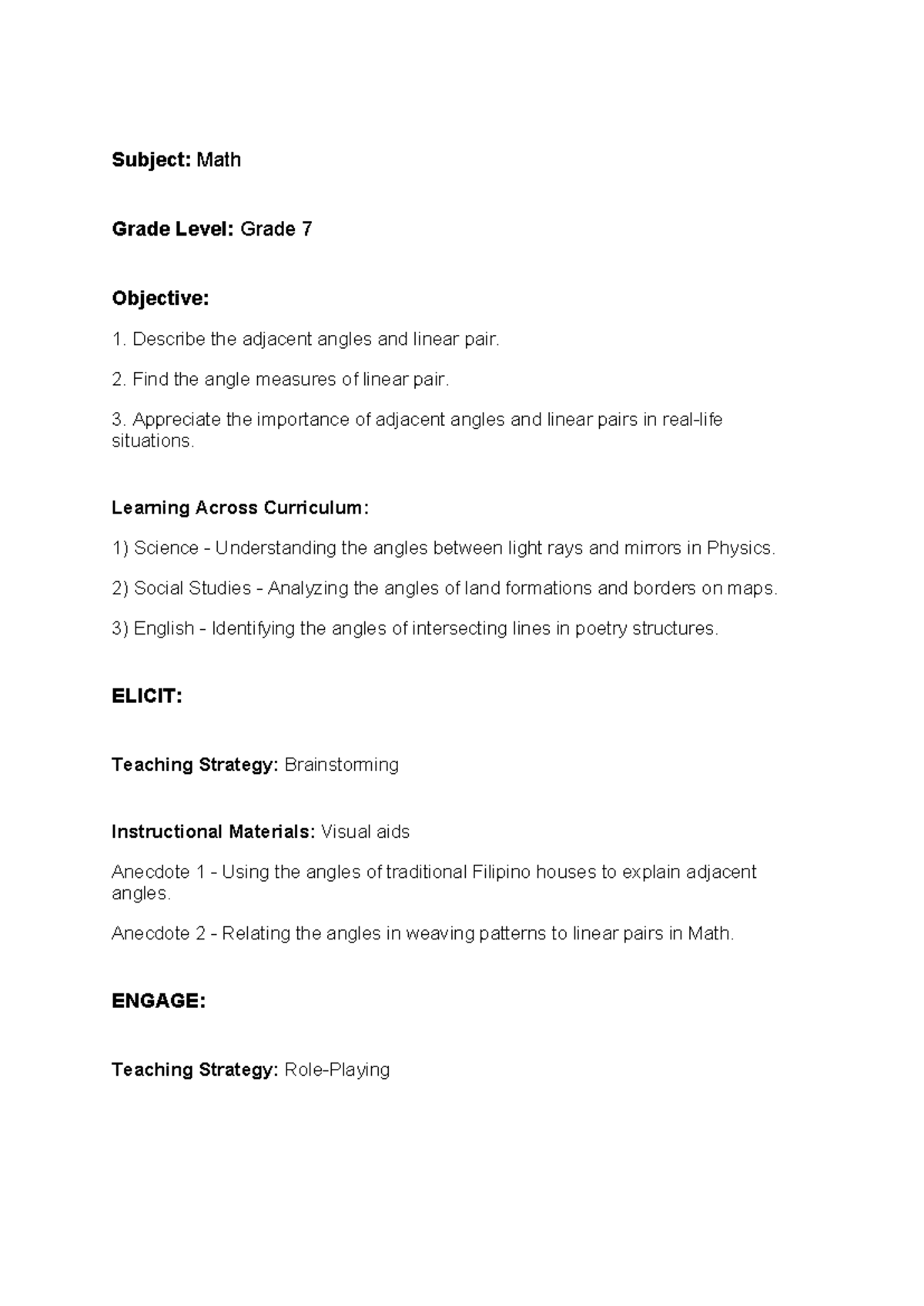 Lesson plan - Subject: Math Grade Level: Grade 7 Objective: 1. Describe ...