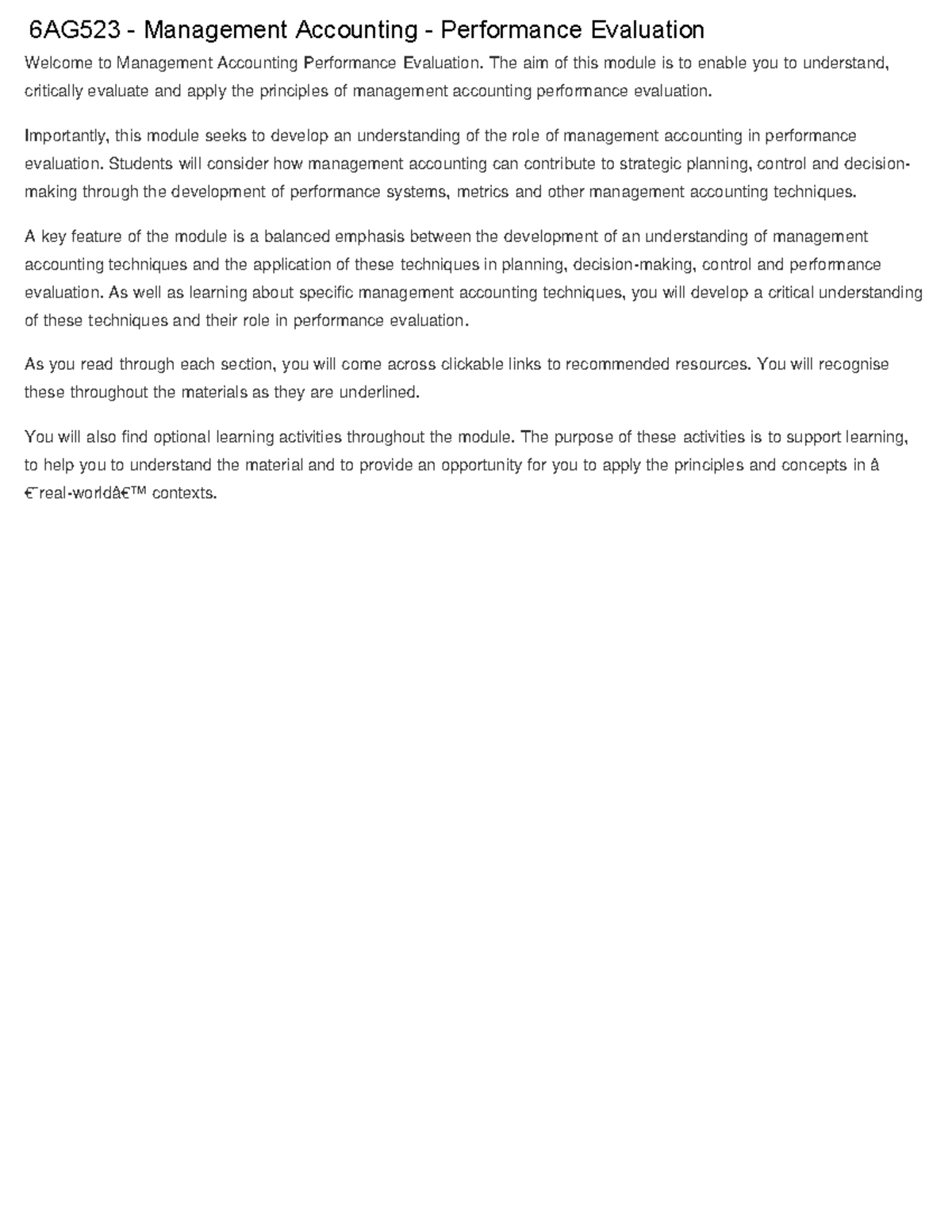 6AG523 - Management Accounting - Performance Evaluation - Welcome to ...