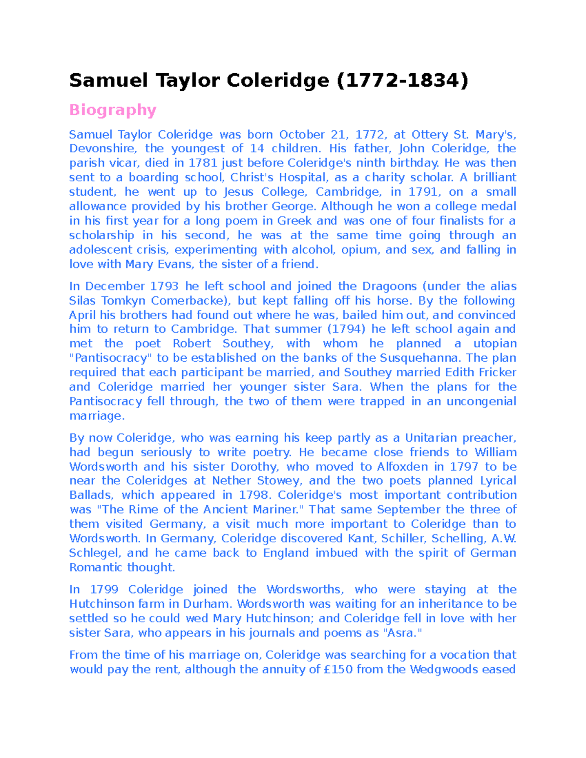 Lit Inglesa II - 3. Samuel Taylor Coleridge - Biography and Analysis ...