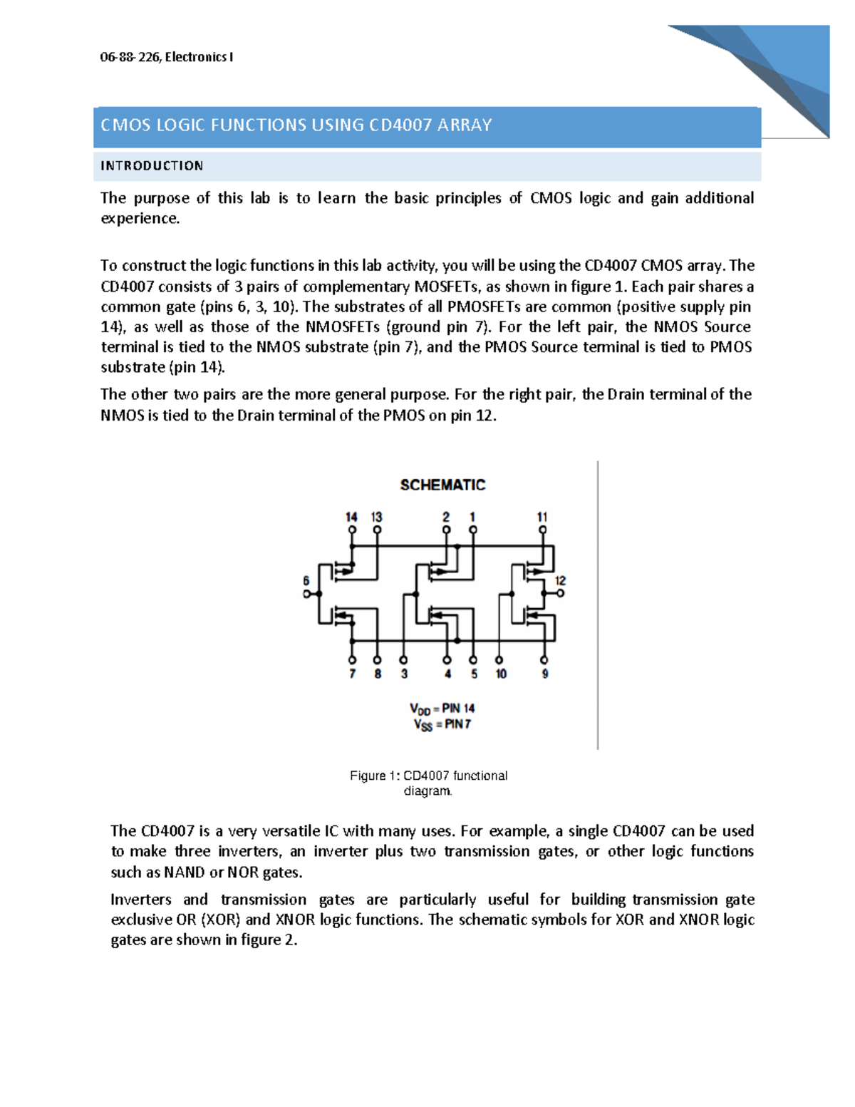Digital Gates Lab - 06 - 88 - 22 6, Electronics I CMOS LOGIC FUNCTIONS ...