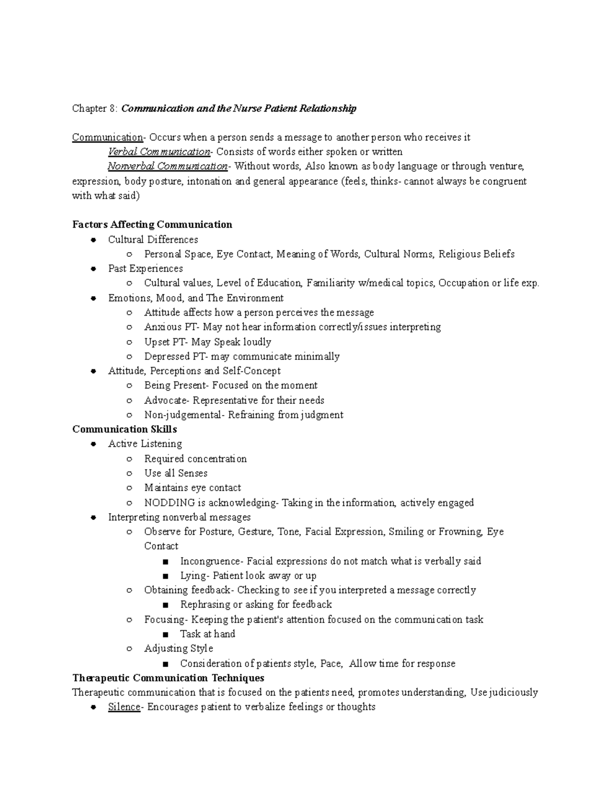 Notes 136 - N/a - Chapter 8: Communication and the Nurse Patient ...