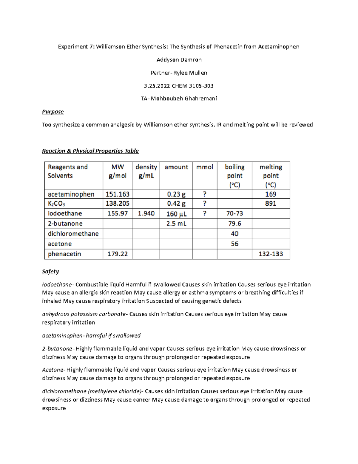 Lab 7 - Lab report 7 - Experiment 7: Williamson Ether Synthesis: The ...