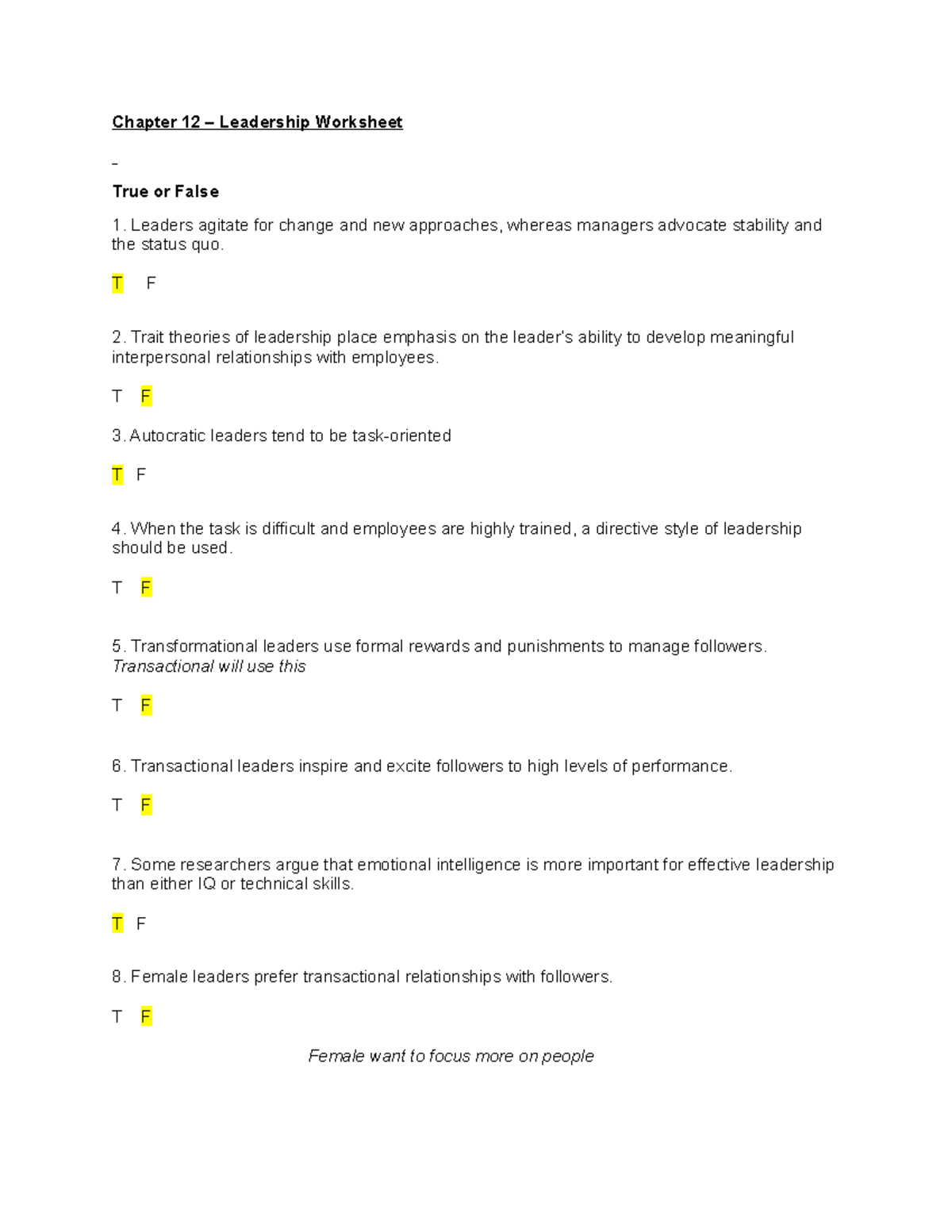 Ch. 12 Worksheet - Chapter 12 – Leadership Worksheet True or False ...