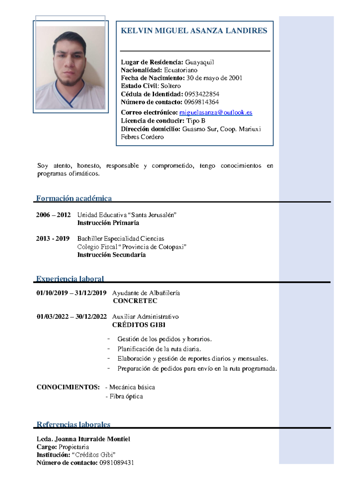 Curriculum Miguel Asanza - Soy atento, honesto, responsable y ...