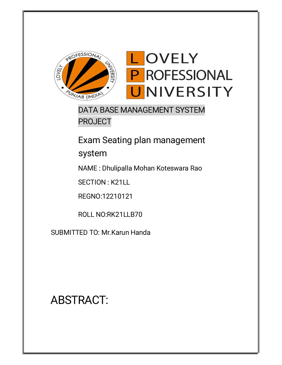 DBMS Sample Project - DATA BASE MANAGEMENT SYSTEM PROJECT Exam Seating ...