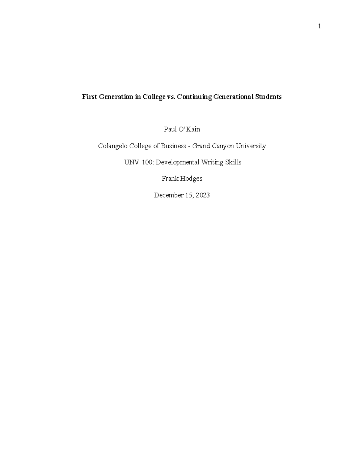 Compare & Contrast Essay - First Generation in College vs. Continuing ...