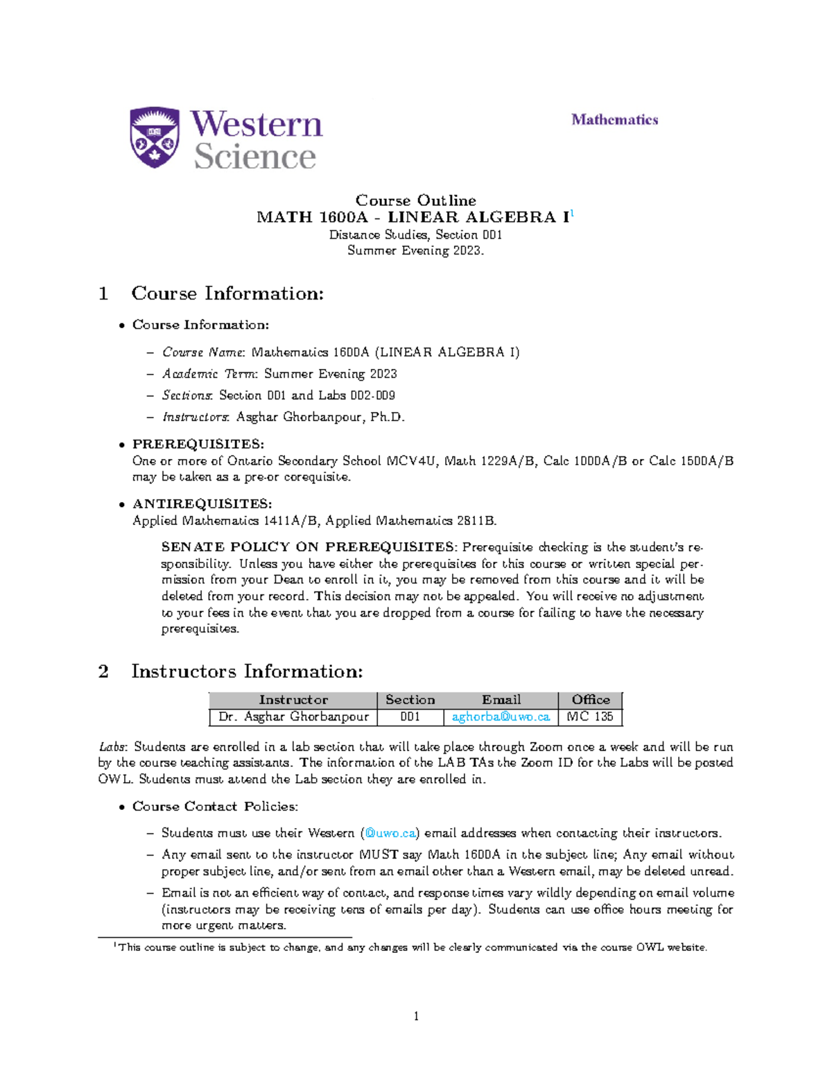 Math 1600 A Section 001 Summer Distance 2023 - Course Outline MATH ...