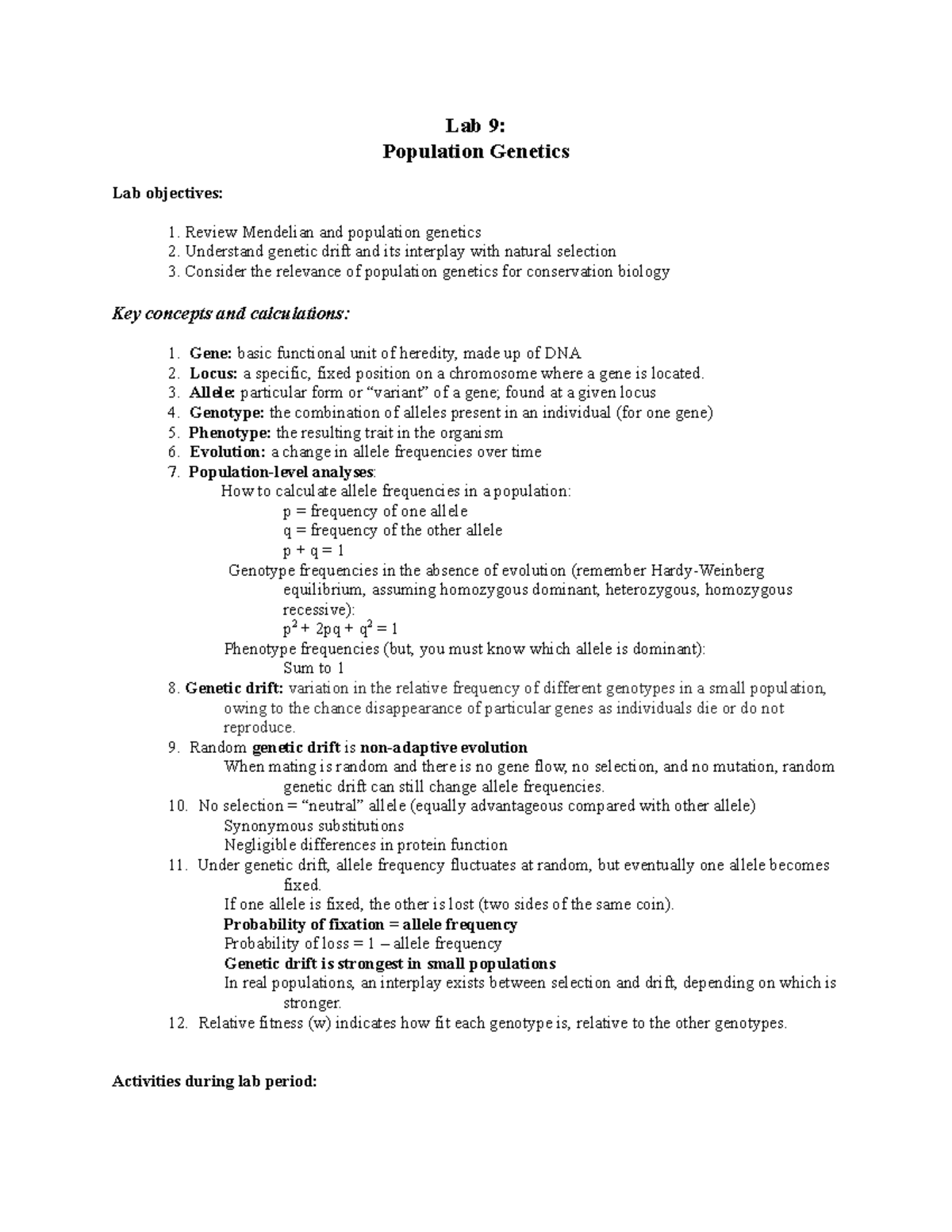 Lab09 Pop Genetics.docx - Lab 9: Population Genetics Lab objectives ...