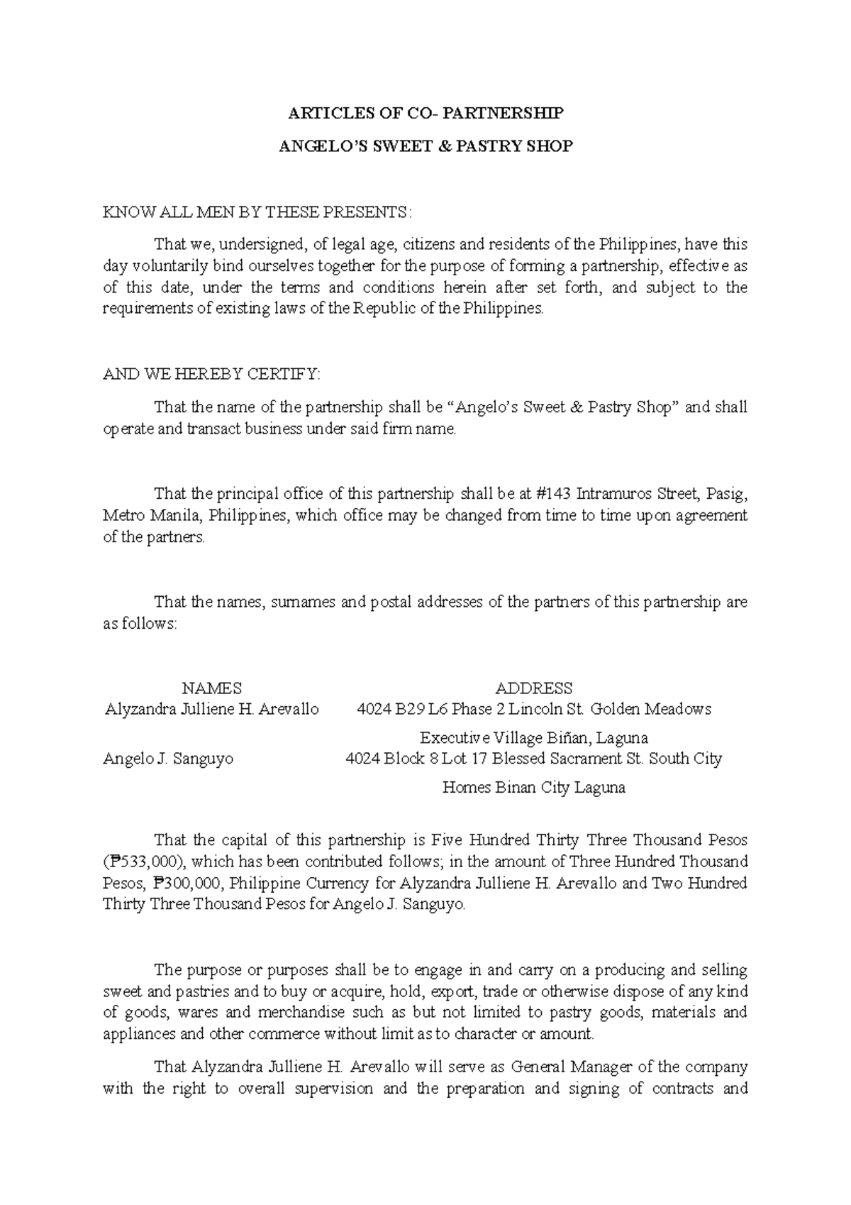 Partnership agreement - ARTICLES OF CO- PARTNERSHIP ANGELO’S SWEET ...