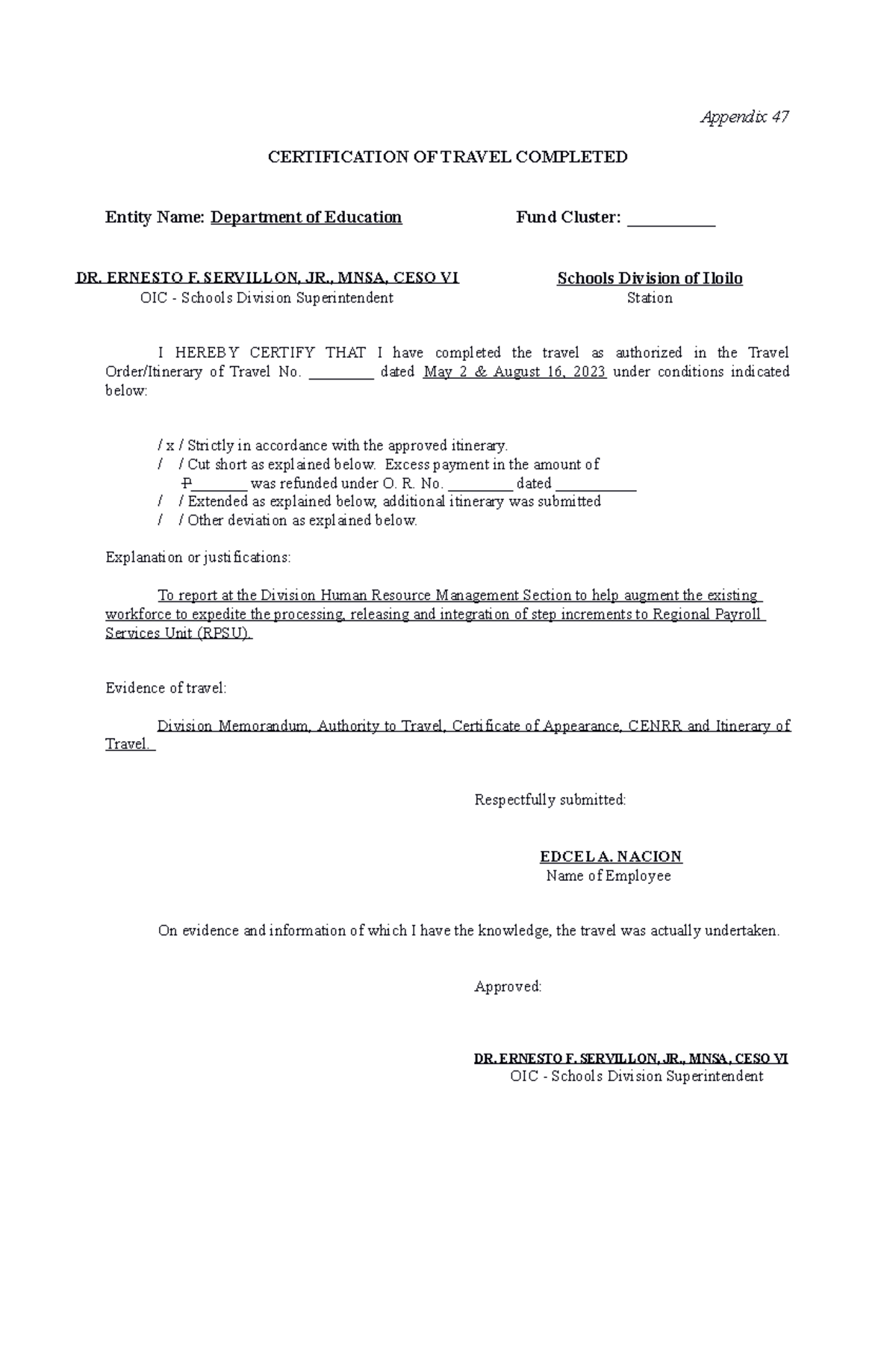 Appendix 47 CTC 2 - APENDIX - CERTIFICATION OF TRAVEL COMPLETED Entity ...