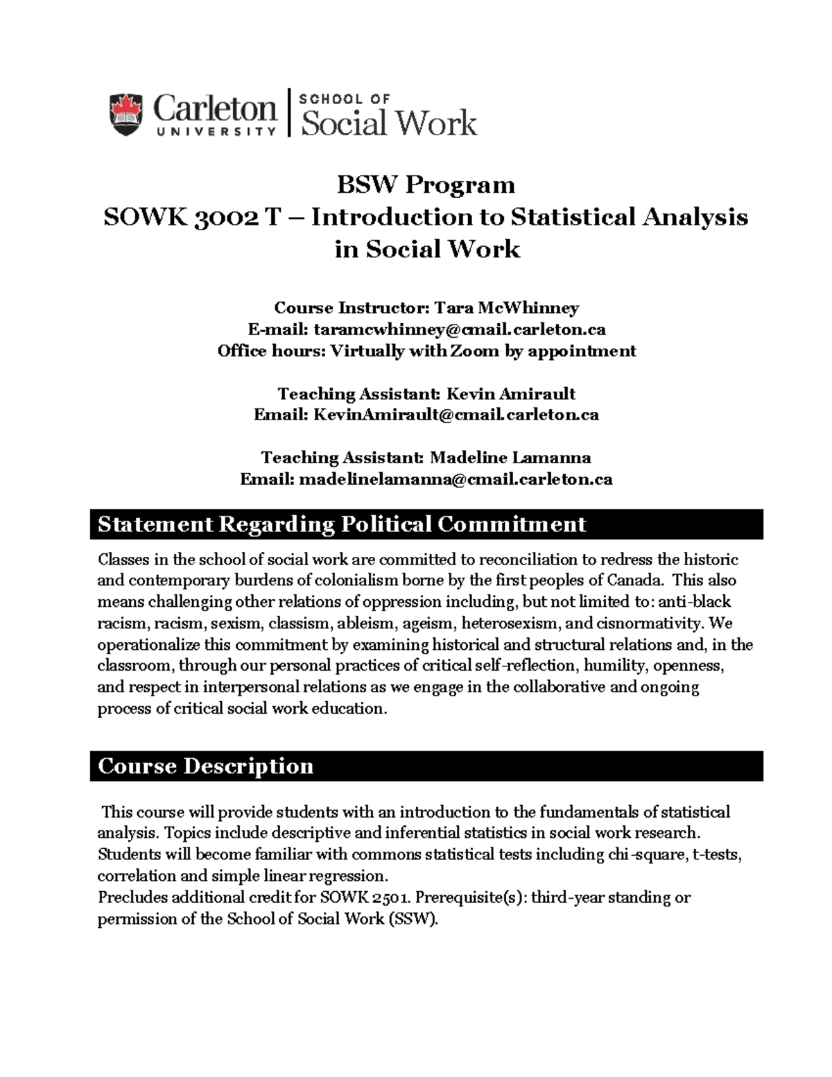 SOWK 3002 Course Outline - BSW Program SOWK 3002 T – Introduction to ...