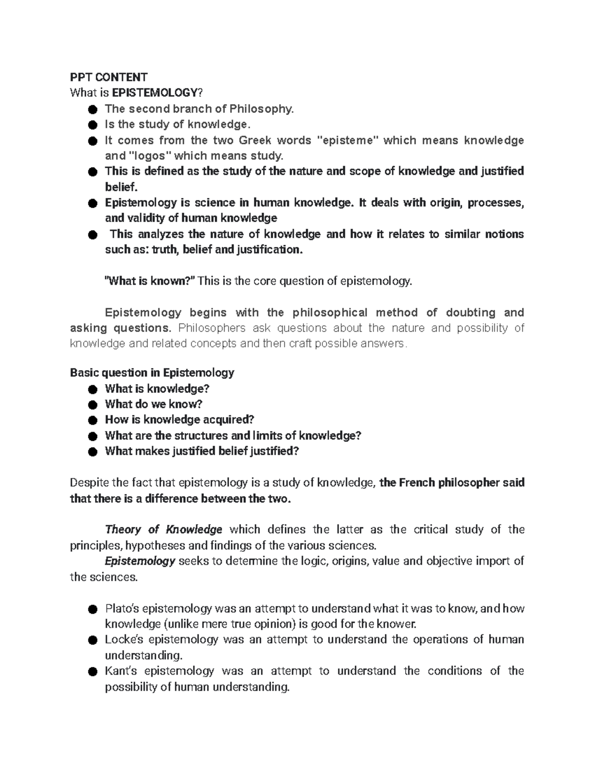 Epistemology Content - PPT CONTENT What is EPISTEMOLOGY? The second ...