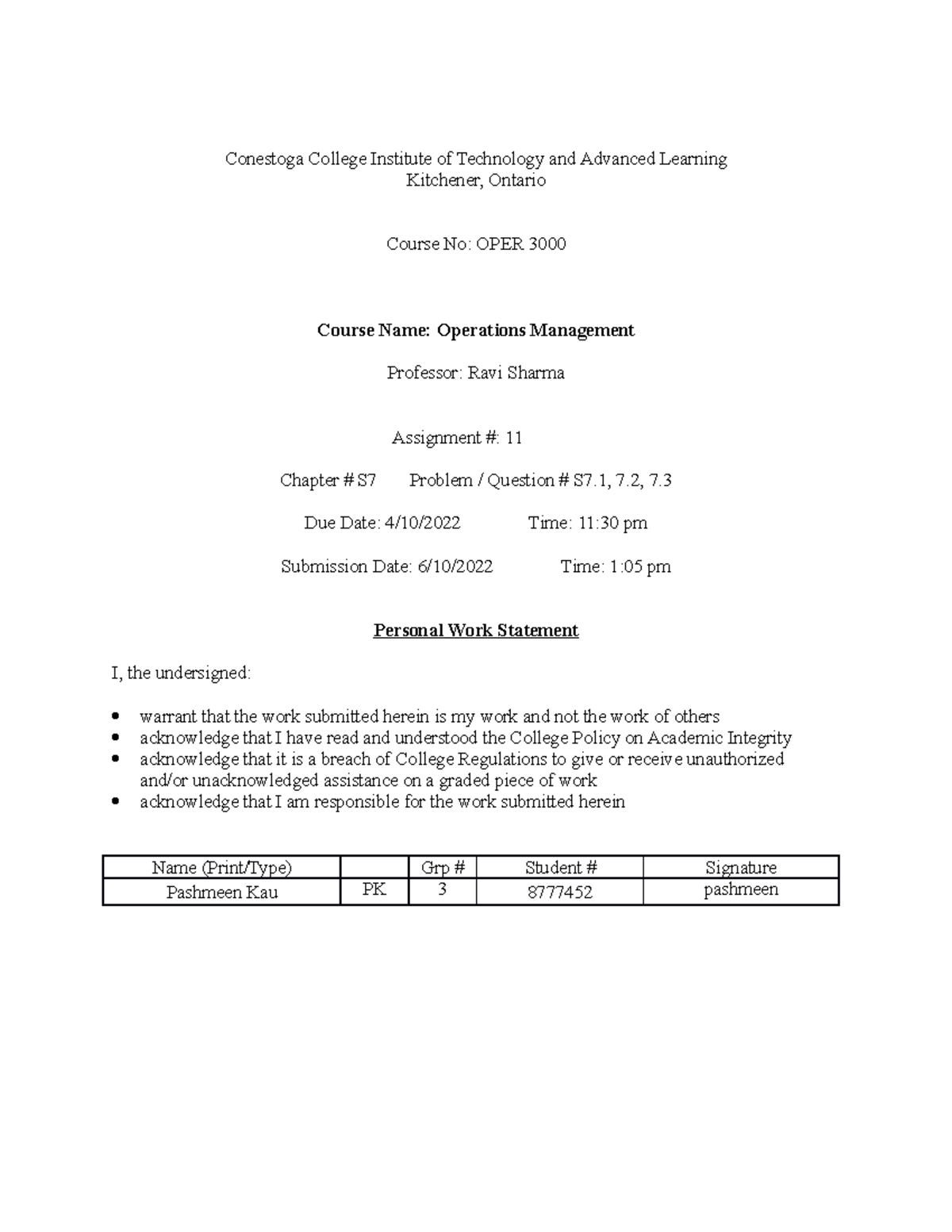 Assignment 11 - Conestoga College Institute of Technology and Advanced ...