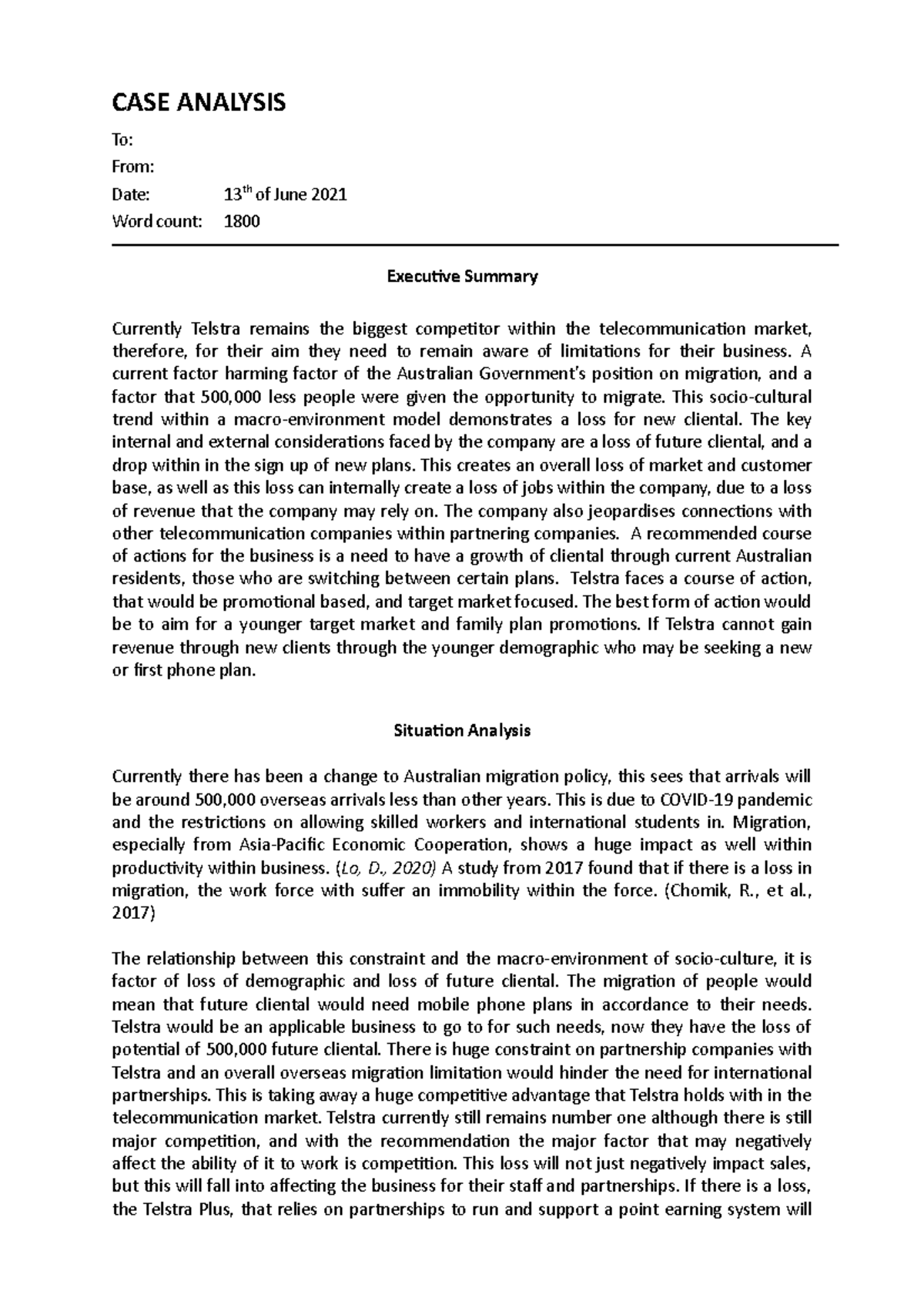 BSB106 Assignemnt - First Assignment, review of a case analysis of a ...
